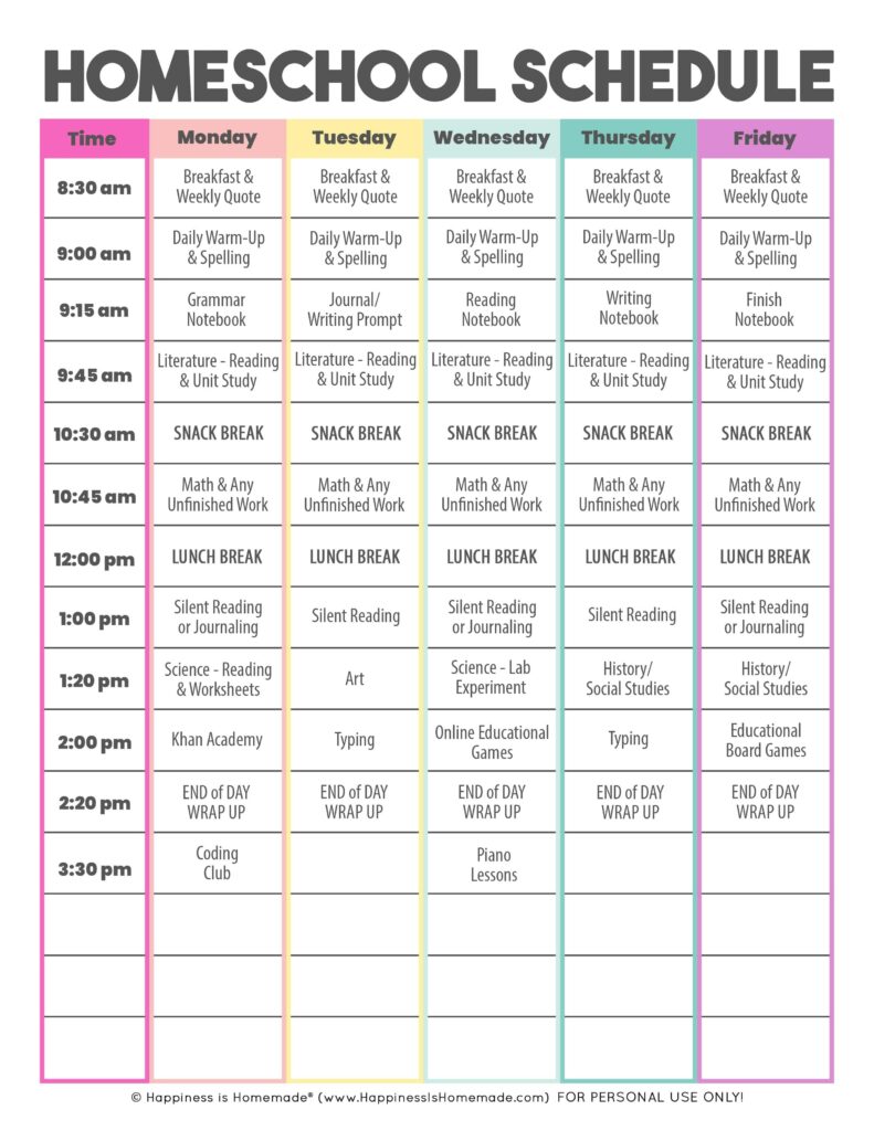 Printable Homeschool Schedule: A Must-Have Tool for Efficient Learning ...